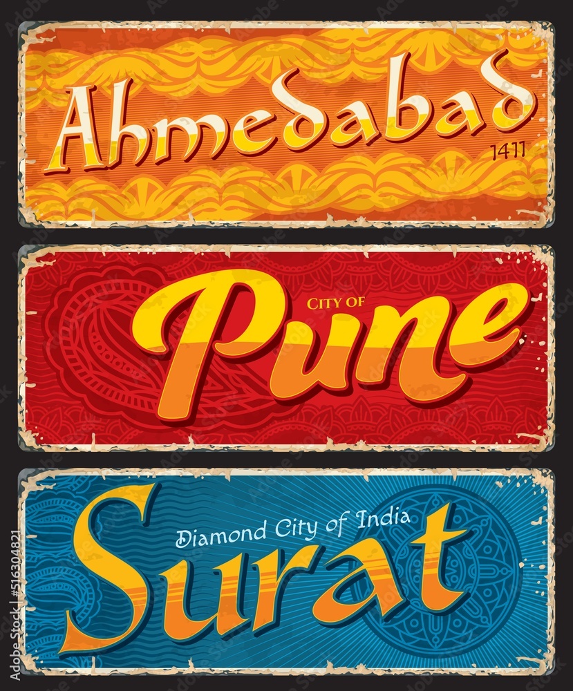 Ahmedabad, Pune, Surat, Indian city travel stickers and plates, vector ...