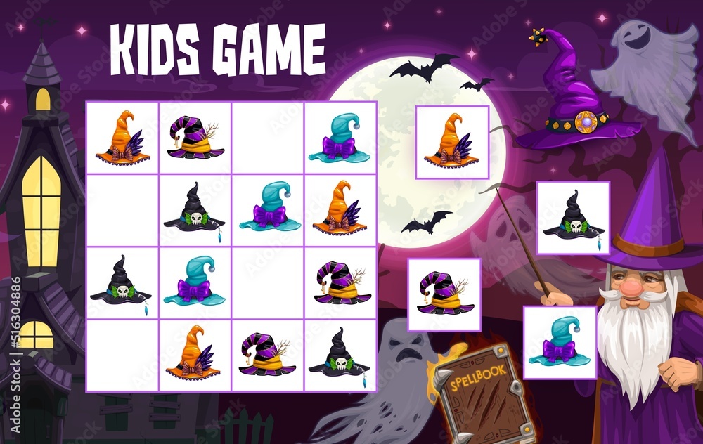Vetor de Halloween sudoku game, ghosts, witch hats and dark castle ...