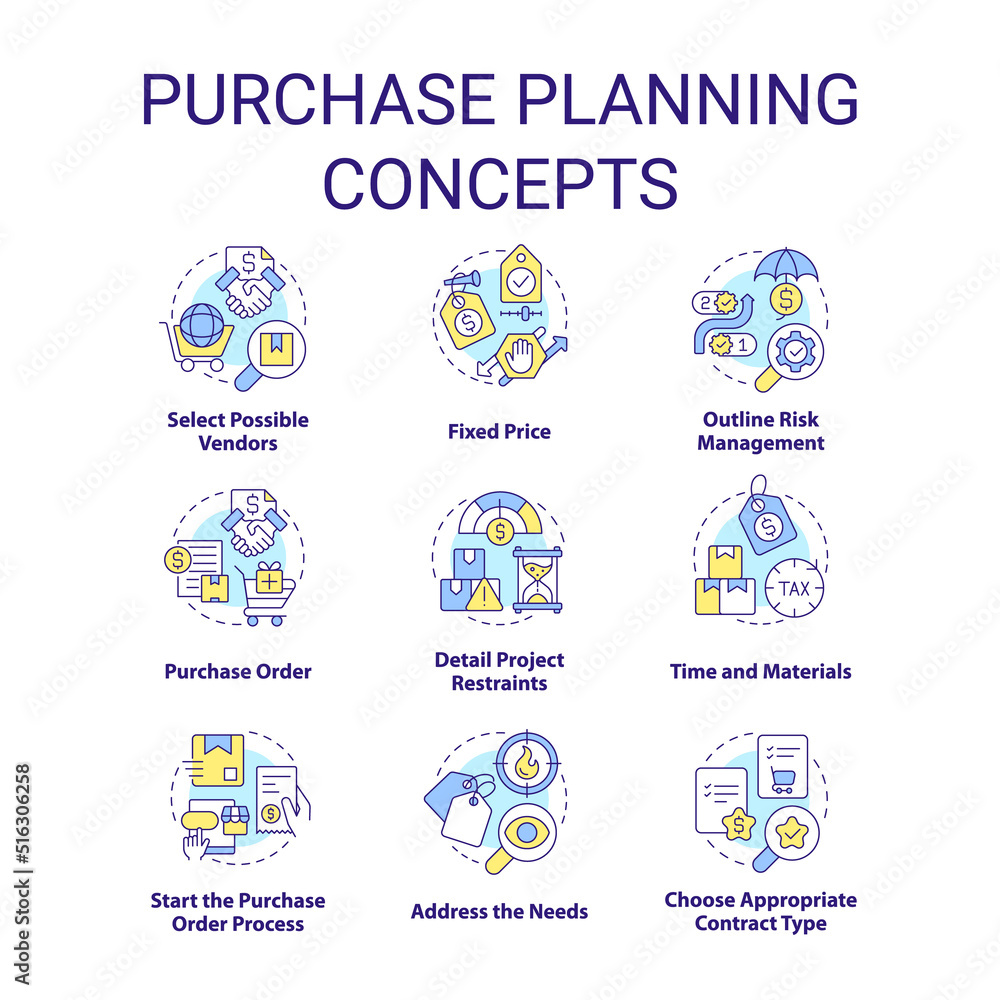 Purchase planning concept icons set. Procurement order process idea ...