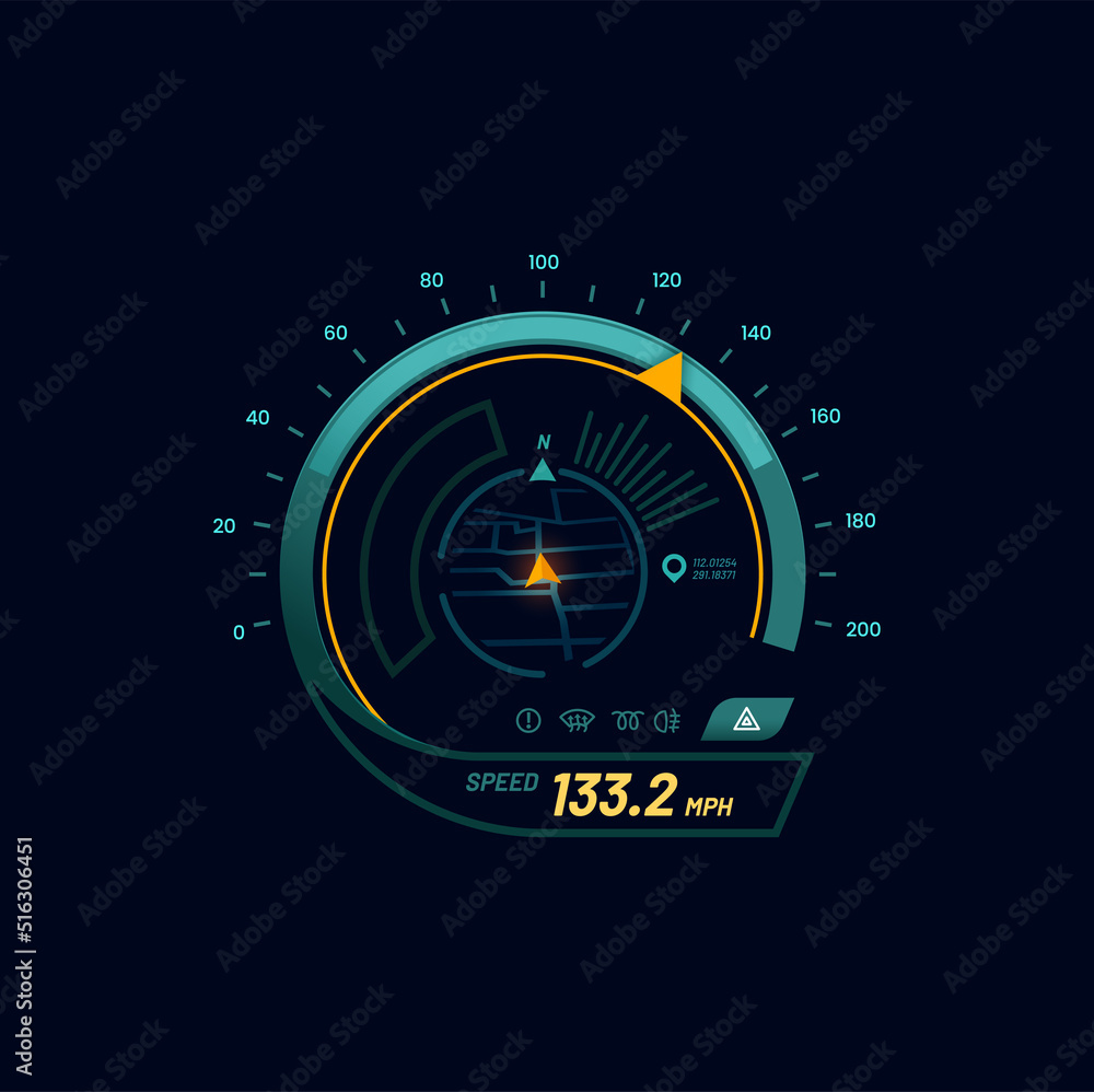 Futuristic car speedometer gauge dial with navigation map. Automobile ... Futuristic car speedometer gauge dial with navigation map. Automobile ...