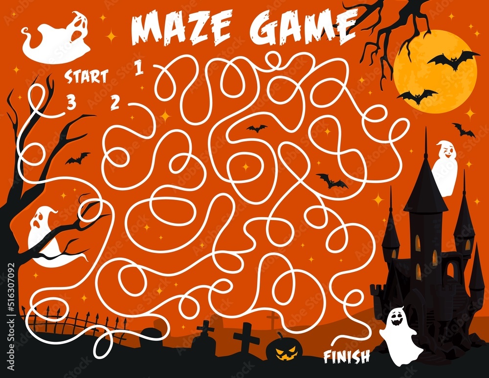 Labyrinth maze game, Halloween ghosts on cemetery, kids puzzle or ...