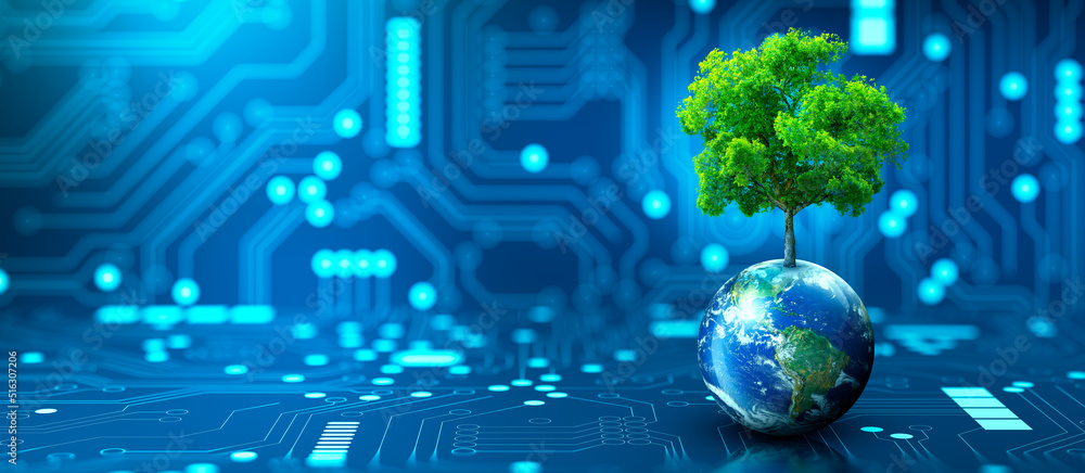 Tree growing on Earth with abstract blue background. Environmental ...