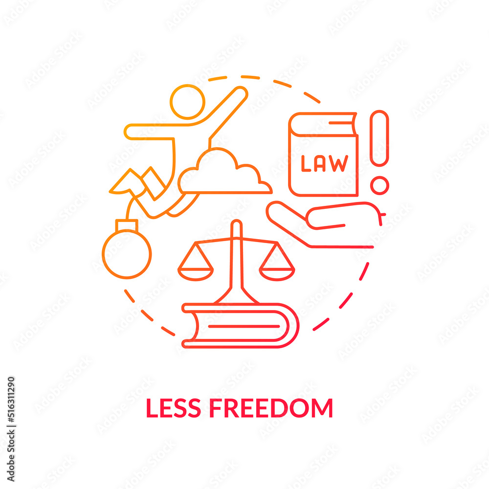 Less freedom red gradient concept icon. Complicated law system. Global ...
