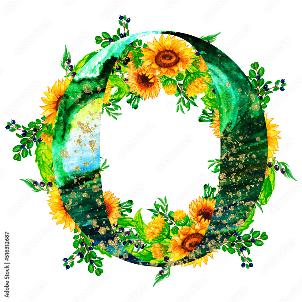 Watercolor English alphabet, emerald letter with floral sunflower ...