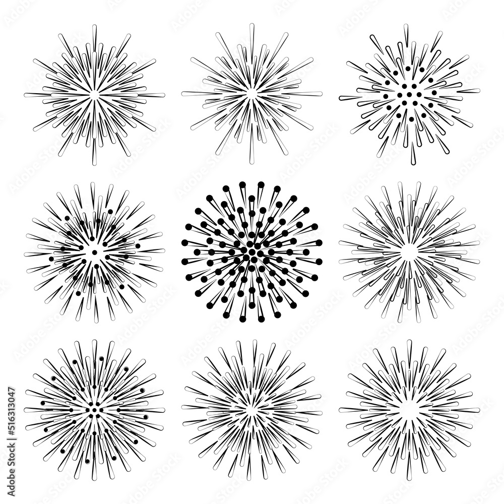 Festive fireworks or salute collection. Set of black lines explosion ...