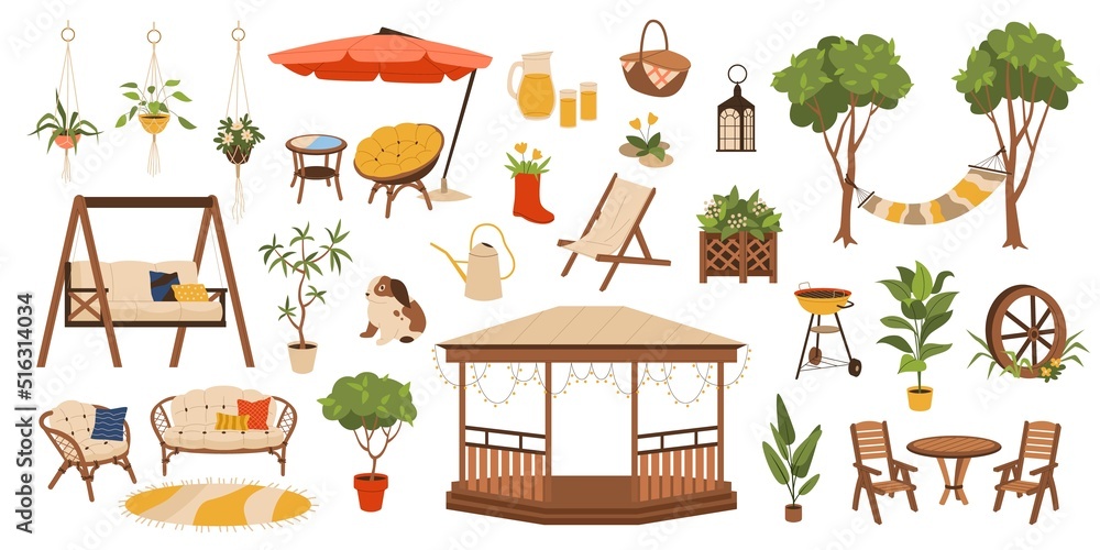 Vetor do Stock: Garden furniture. Backyard cartoon flat elements ...