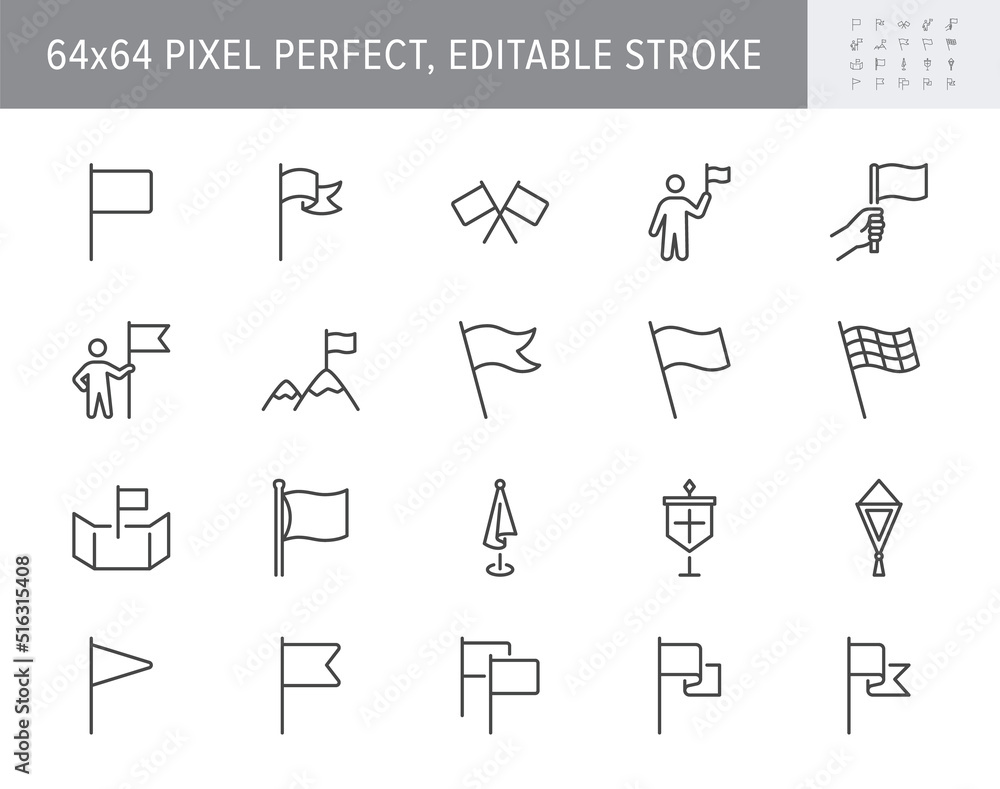 Flags line icons. Vector illustration include icon - pennant, waving banner, point on map ...