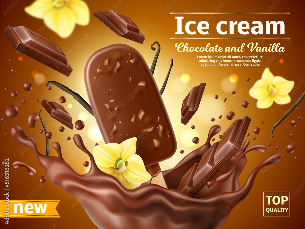 Realistic ice cream poster. Chocolate popsicle with vanilla flavor in ...