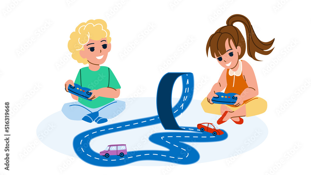 Vetor de Boy And Girl Playing Car Tracks Together Vector. Preschooler ...