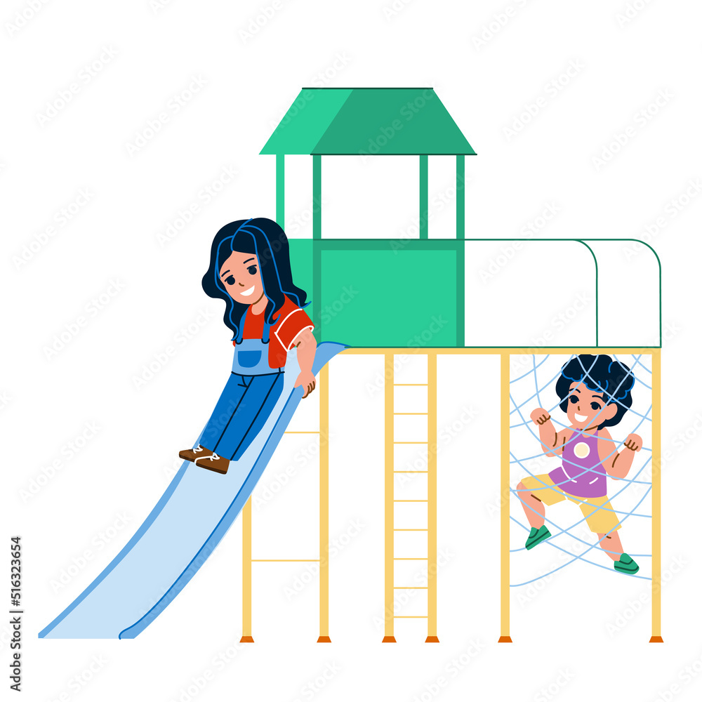 On Jungle Gym Playing Children Boy And Girl Vector. Little Preschooler ...