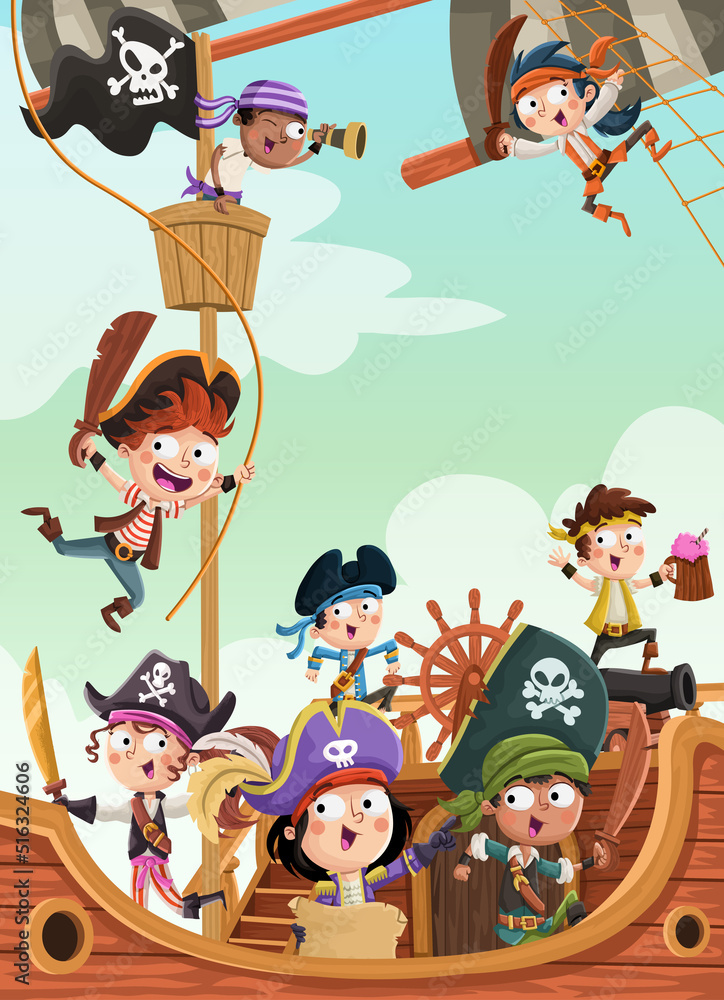 Cartoon pirates on a ship at the sea Stock Vector | Adobe Stock