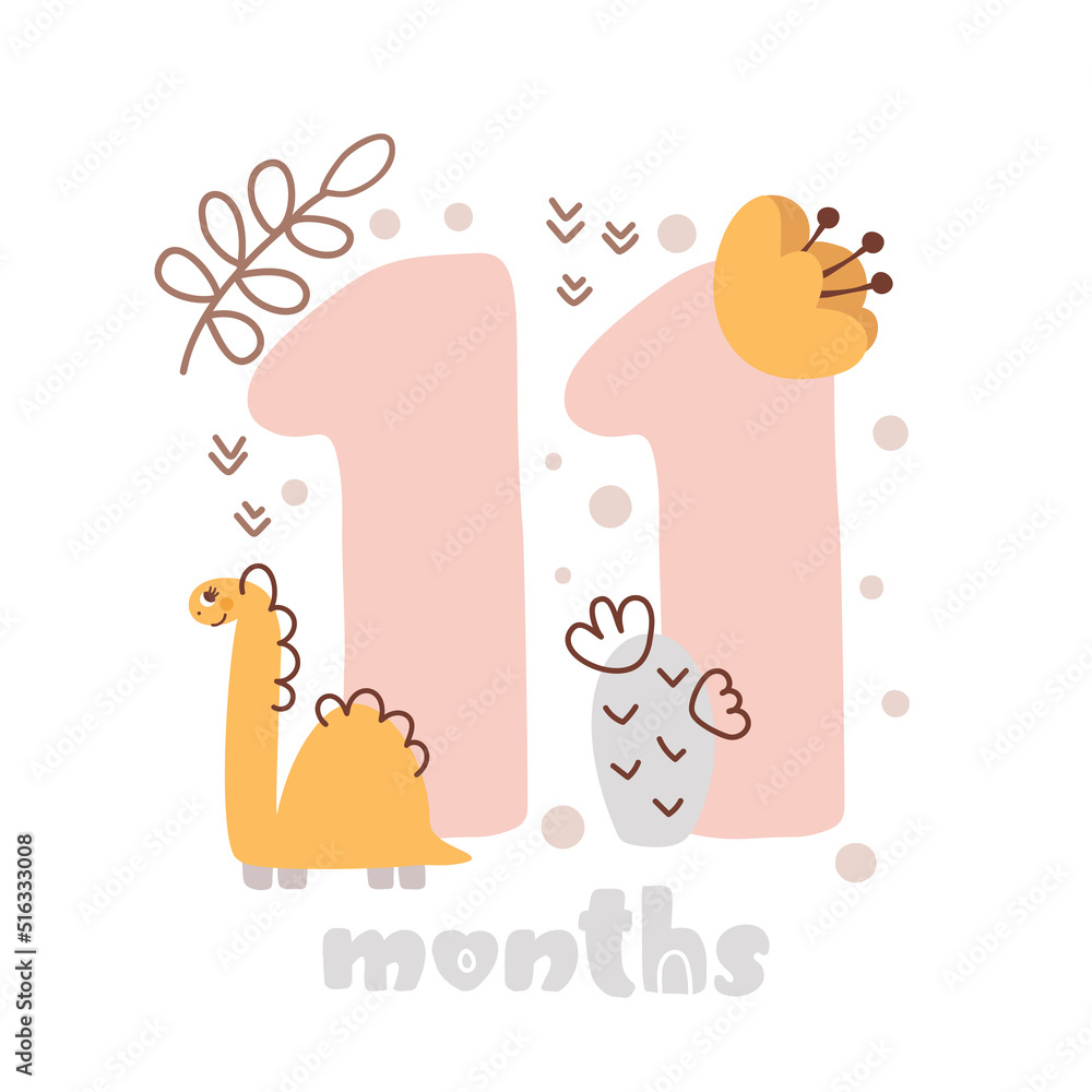 11 eleven months anniversary card. Baby shower print with cute animal ...