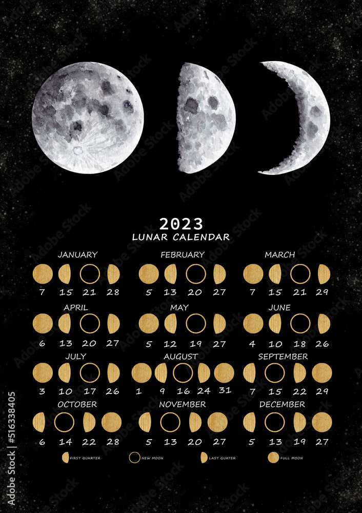 Lunar calendar 2023. Moon phases calendar for 2023 with beautiful ...