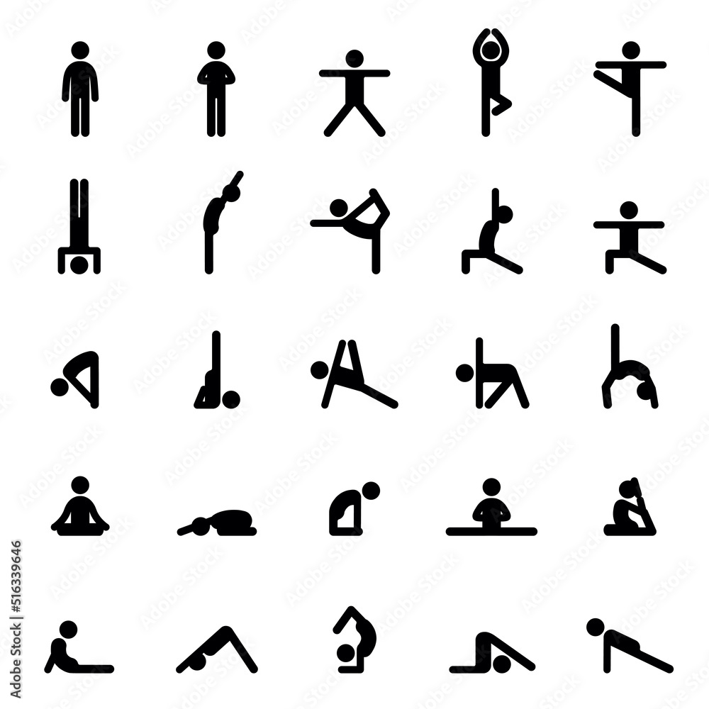 Set of icons doing yoga exercises. Stretching and relaxing in many ...
