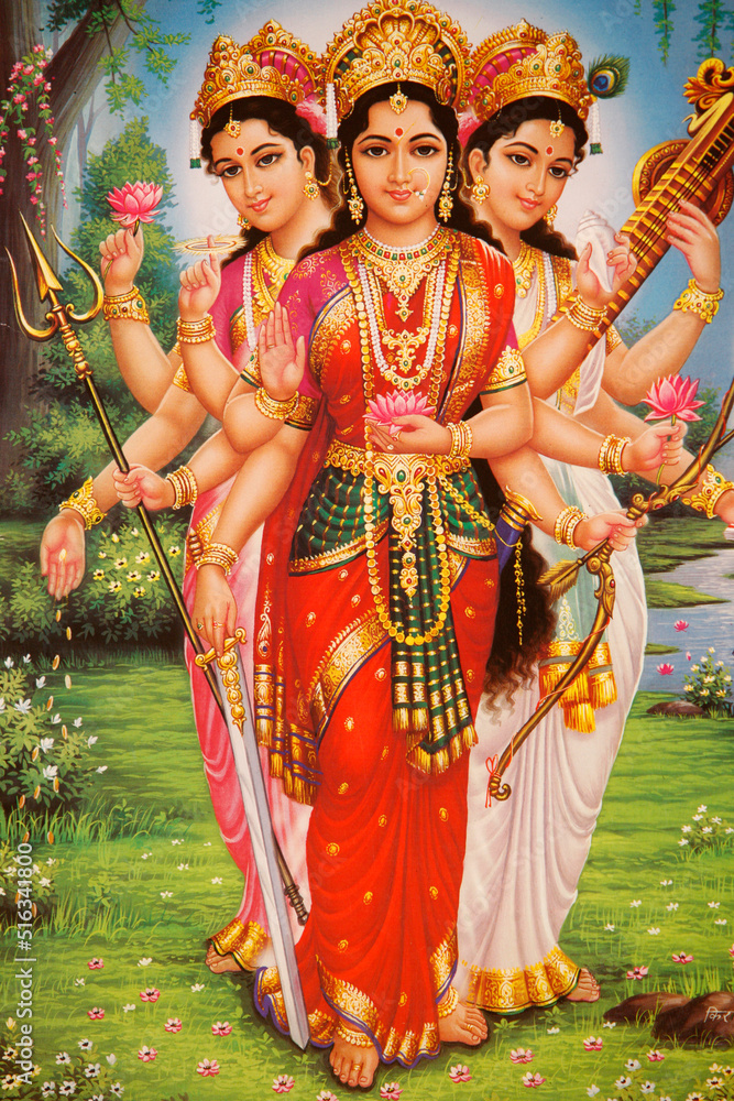 Picture of Hindu goddesses Parvati, Lakshmi & Saraswati Stock Photo ...
