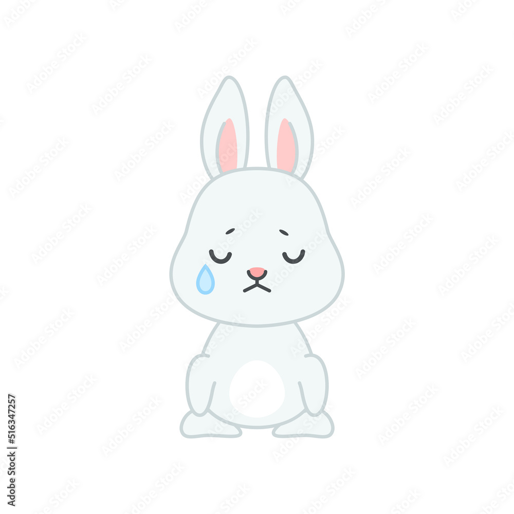 Cute crying bunny. Flat cartoon illustration of a little gray sad ...