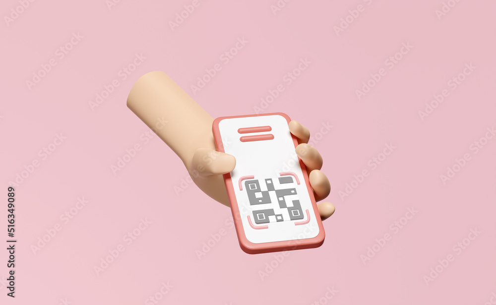 hand holding mobile phone, smartphone 3d fly with qr code scanner ...
