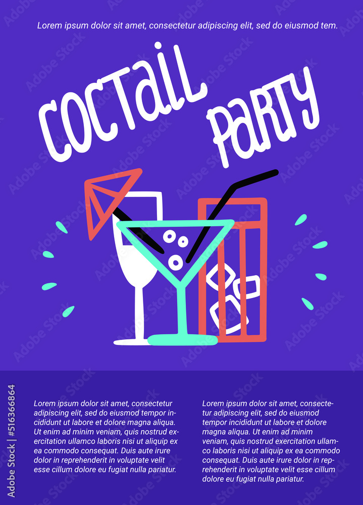 Cocktail party. Invitation or flyer with the image of different glasses ...