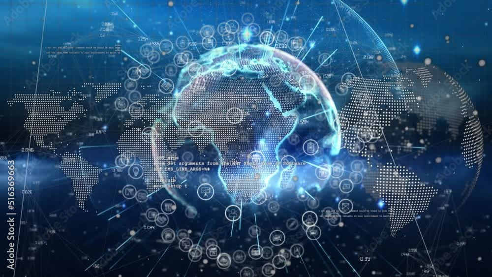 Animation of globe, connections and world map on navy background Stock ...