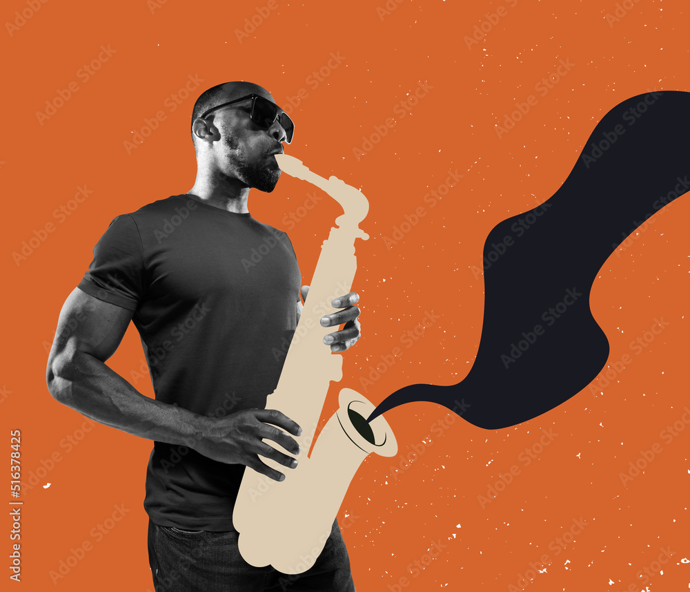 Excited man playing hand-drawn saxophone on orange background. Modern ...