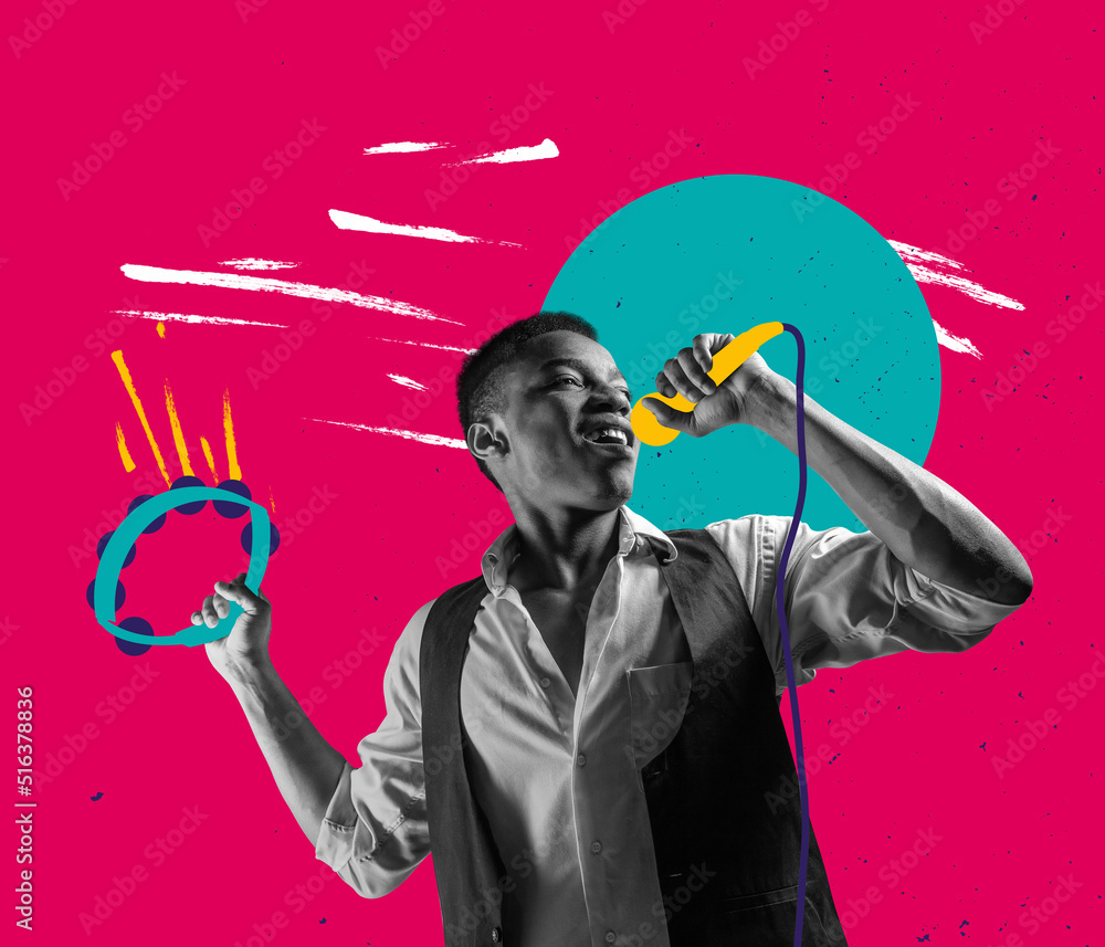 Singer with drawn microphone on bright colorful background ...
