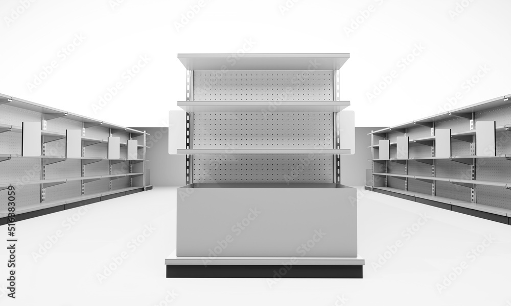 Poster Blank shelf stoppers in a row, Empty shelves in supermarket ...