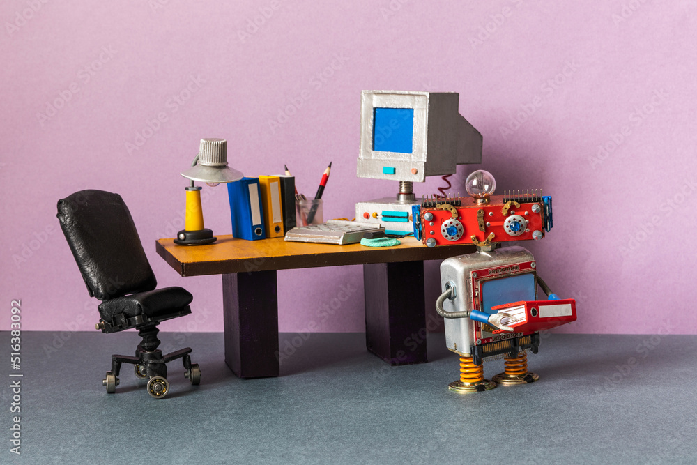 Retro office interior workspace and robot manager. Automation of office ...
