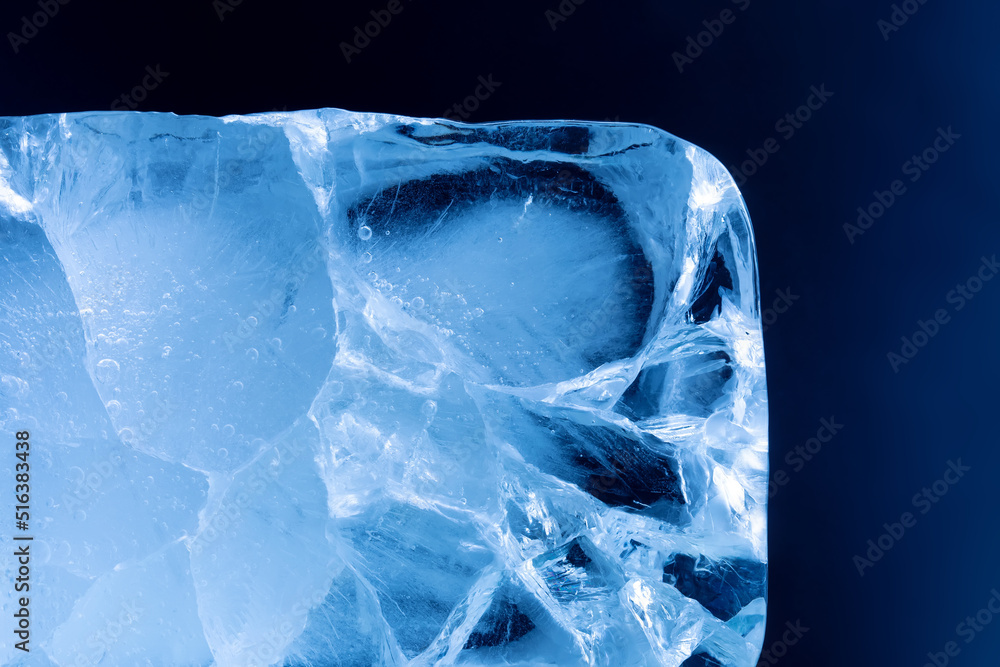Beautiful frozen transparent block of ice macro view, textured details ...