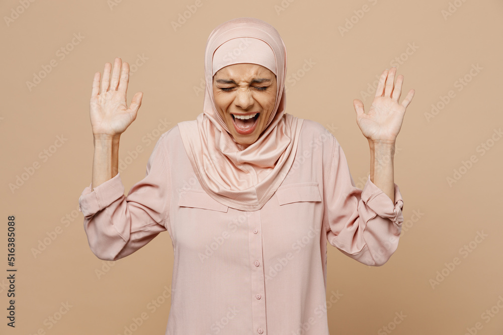 Young sad arabian asian muslim woman she wear abaya hijab pink clothes ...