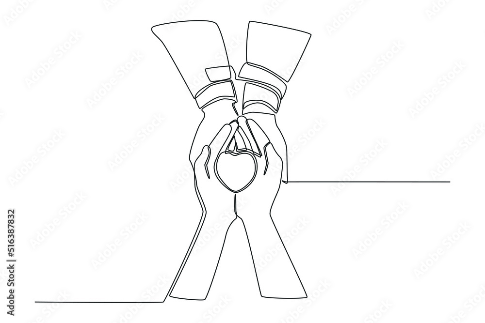 Single one line drawing doctor hand gives love icon to patient. Need a ...
