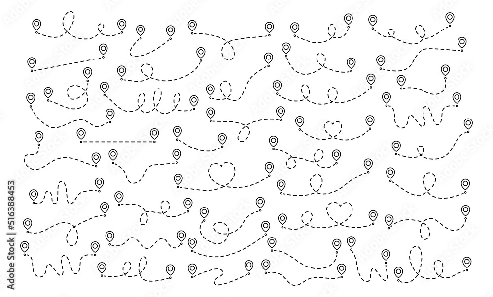 Pin map dotted line route set. Navigation pointers spotted lines ...