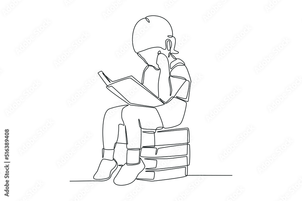 One continuous line drawing of student little girl reading the book and ...