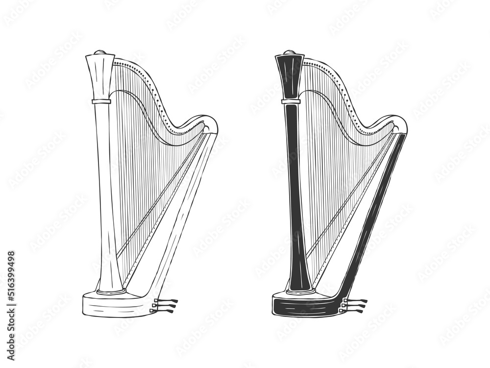 Harp. Hand-drawn Harps. Musical instruments in the drawing style ...