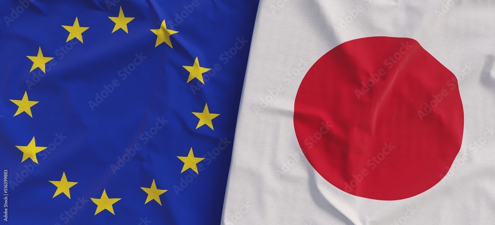 Flags of EU and Japan. Linen flags close-up. Flag made of canvas. Flag ...