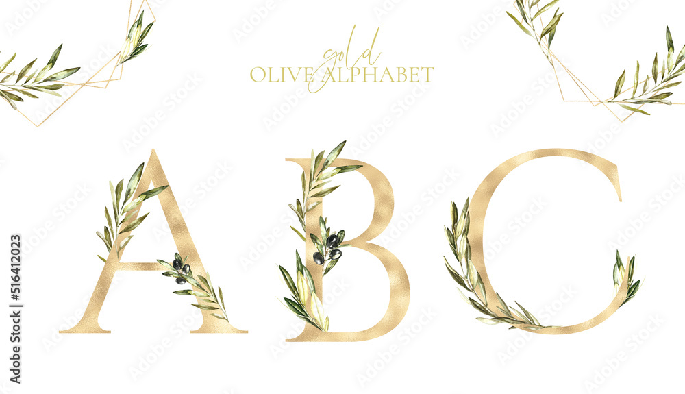 Watercolor gold Olive Floral Alphabet letters A,B,C with leaves ...