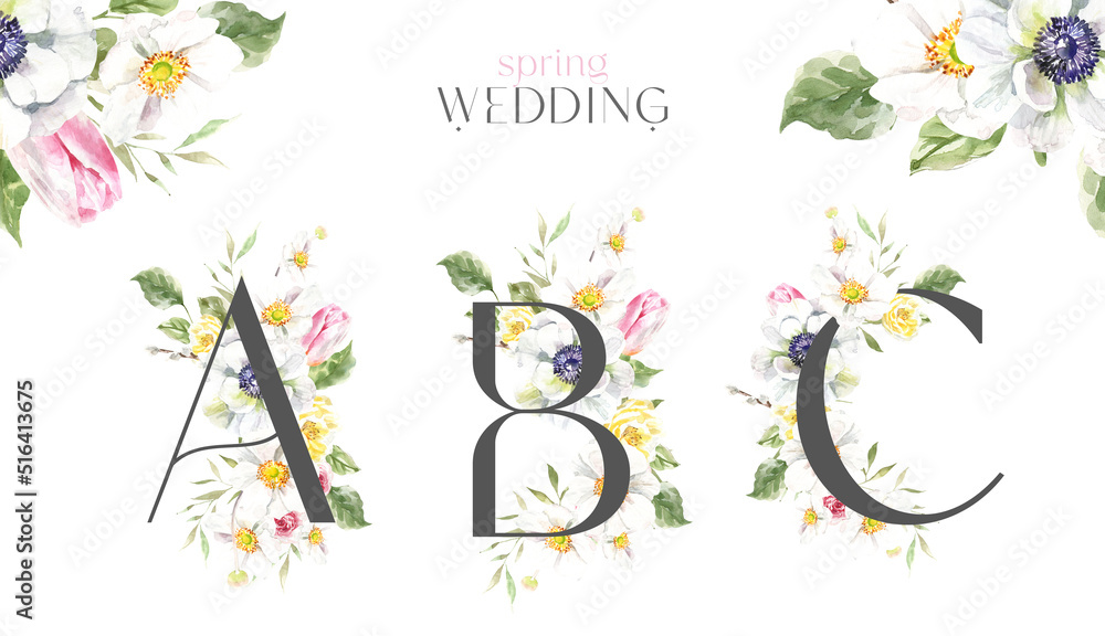 Watercolor Grey Spring Floral Alphabet letters A,B,C with flowers ...