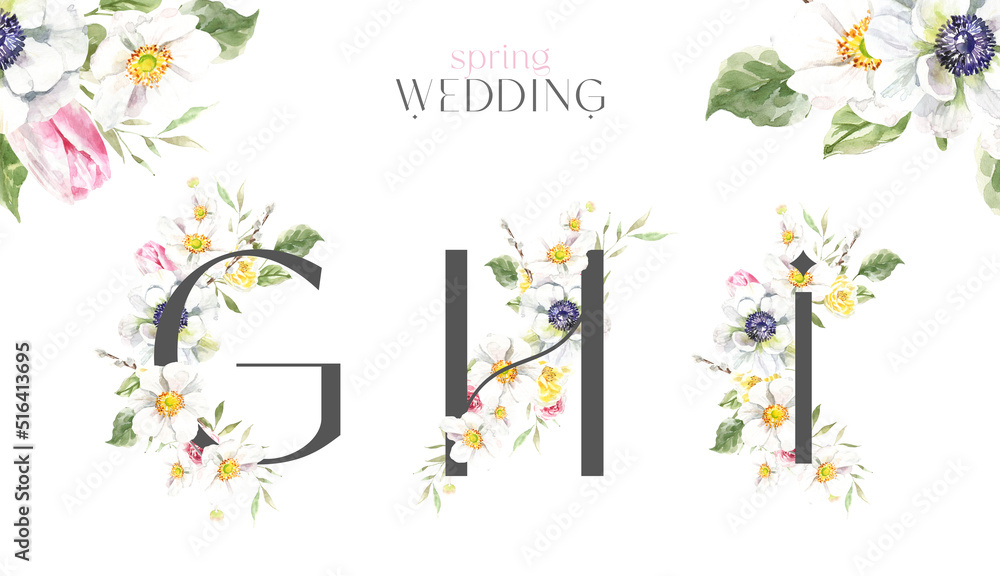Watercolor Grey Spring Floral Alphabet letters G,H,I with flowers ...