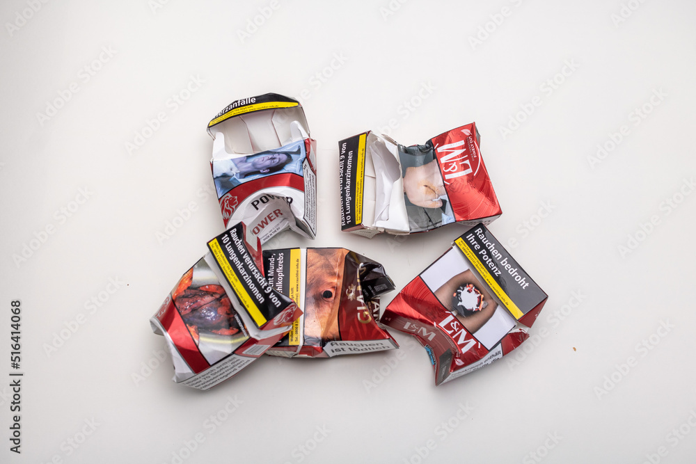 Neckargemuend, Germany: May, 13. 2022: several crumpled cigarette packs ...