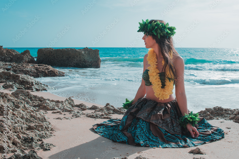 Hula Dancer On The Beach Woman In Bikini Dancing Hawaiian Typical Of
