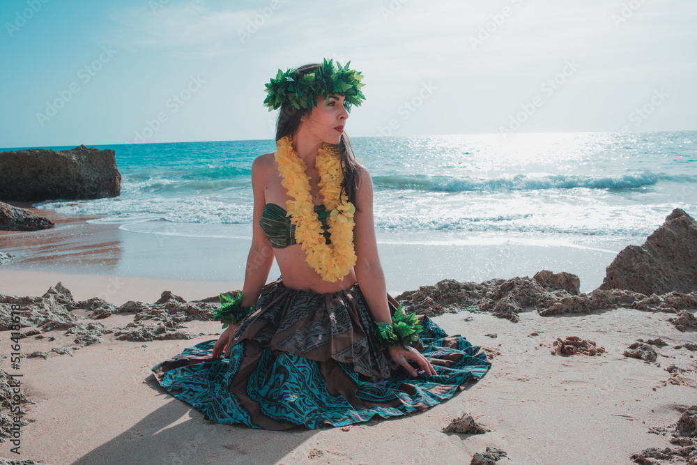 Hula Dancer On The Beach Woman In Bikini Dancing Hawaiian Typical Of