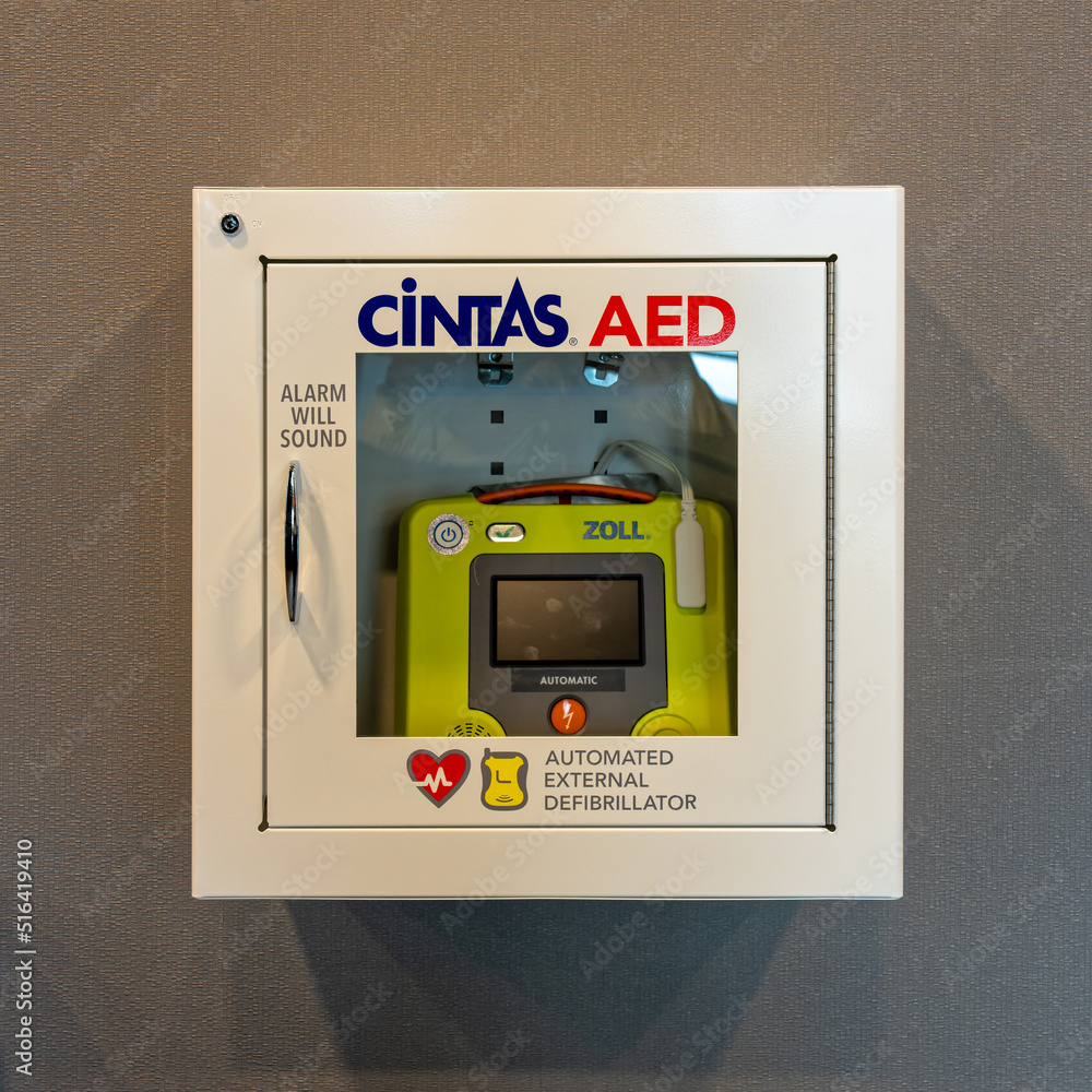Colorado Springs, CO - July 2, 2022: This Cintas automated external defibrillator cabinet ...