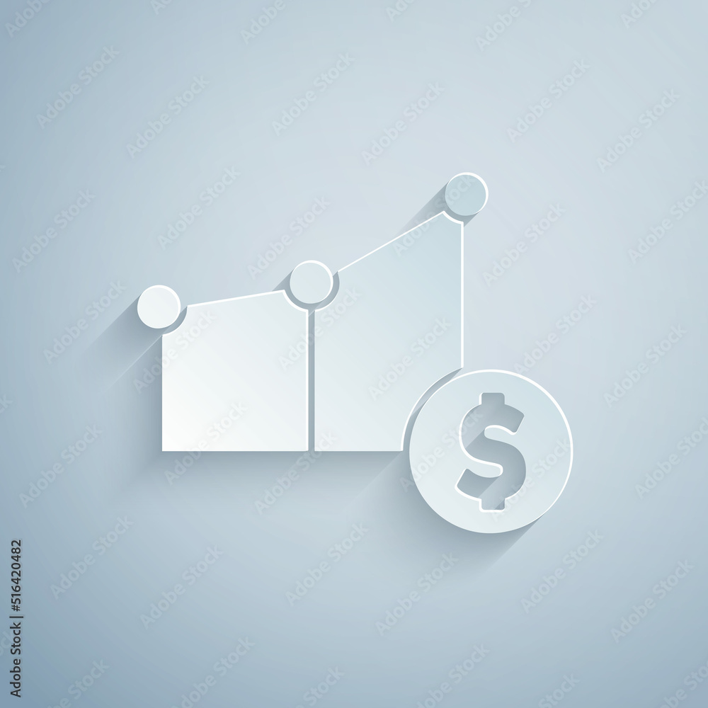 Paper cut Pie chart infographic and dollar symbol icon isolated on grey ...