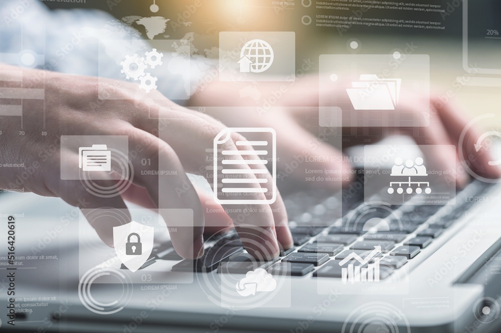 document management concept with icons on virtual screen, Businessman ...