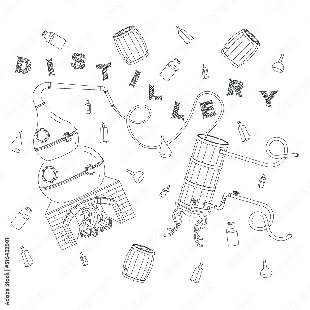 Cartoon vector illustration of a distillery with retro equipment Stock ...
