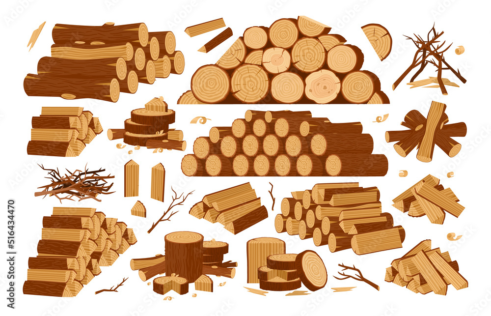 Cartoon wooden logs, firewood piles and stacked bonfire firewoods. Wood ...