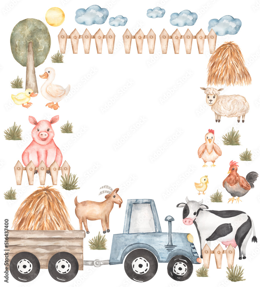 Watercolor farm animals frame illustration. Hand drawn objects: cute ...