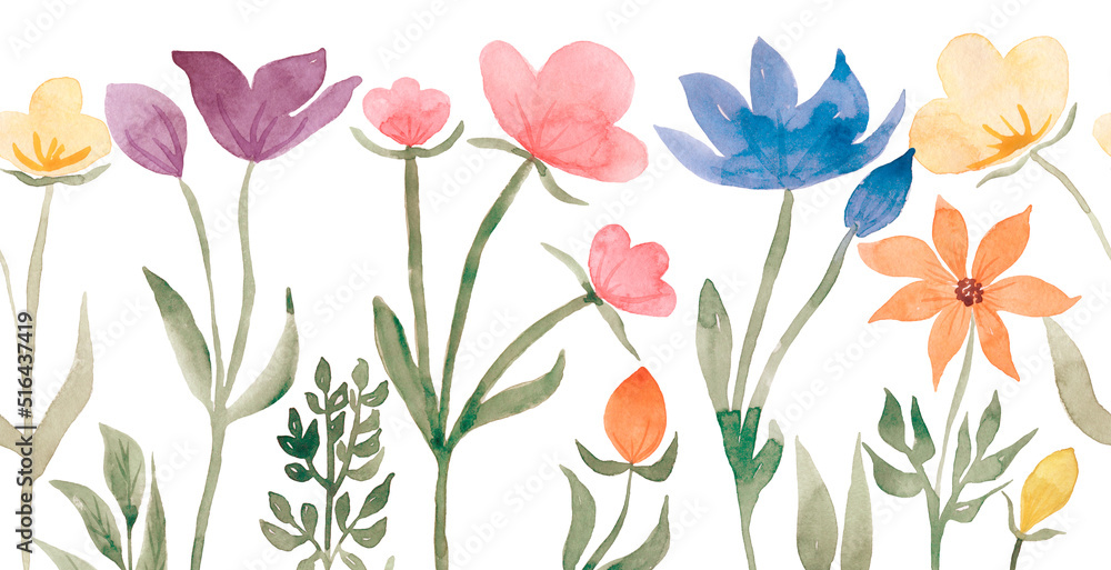 Wildflowers seamless border Clipart, Watercolor Meadow Flowers frame ...