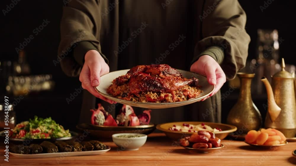 Kabsa, maqluba, dolma, tabbouleh close-up, rice and meat dish, middle ...