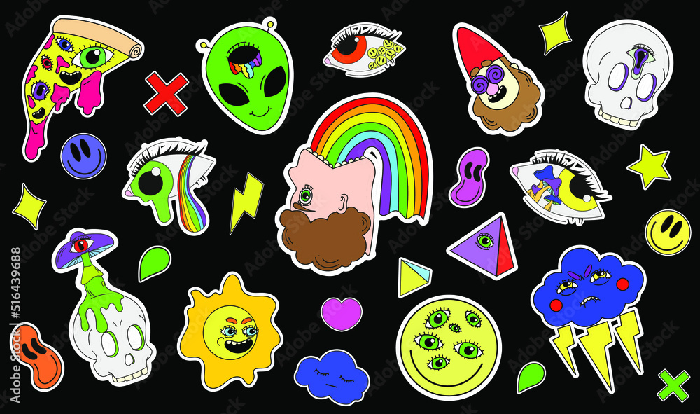 A set of psychedelic stickers, a rainbow, an illustration of a man ...