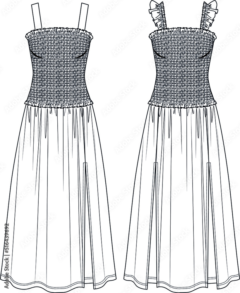 Vector summer smocked dress fashion CAD, woman midi frill-trimmed front ...